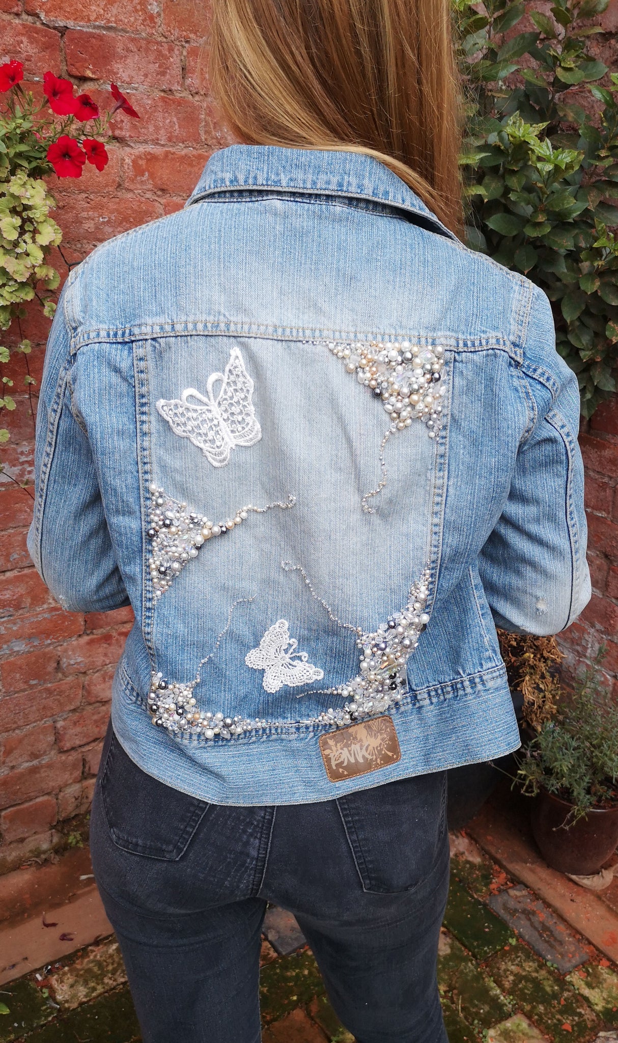 Up-cycled, blinged, boho, denim jacket, vintage pearls and lace, ladie ...